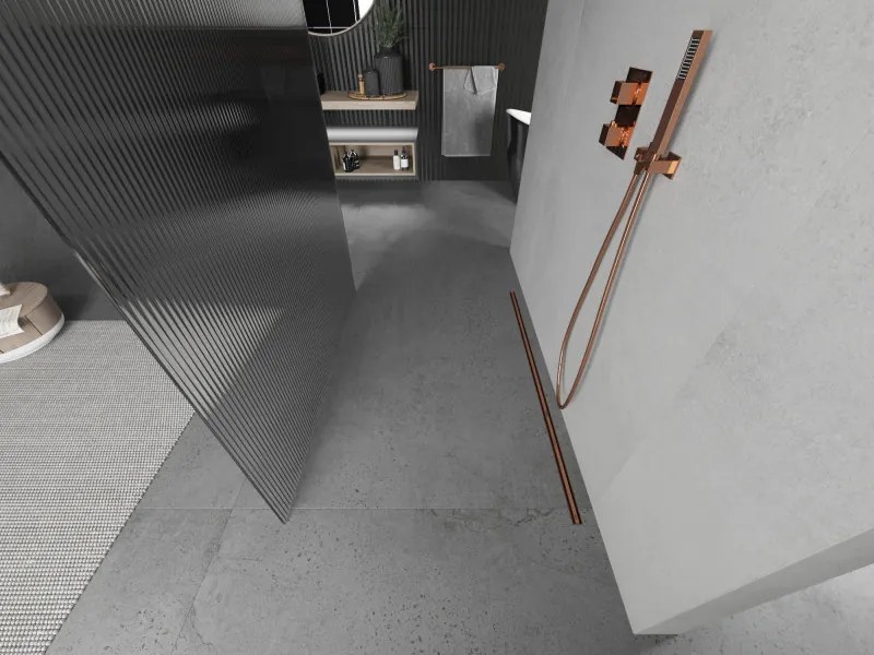 Mexen Kioto, sprchová zástěna Walk-In 100 x 200 cm, 8mm sklo s žebrovým vzorem, růžové zlato profil, 800-100-002-60-09