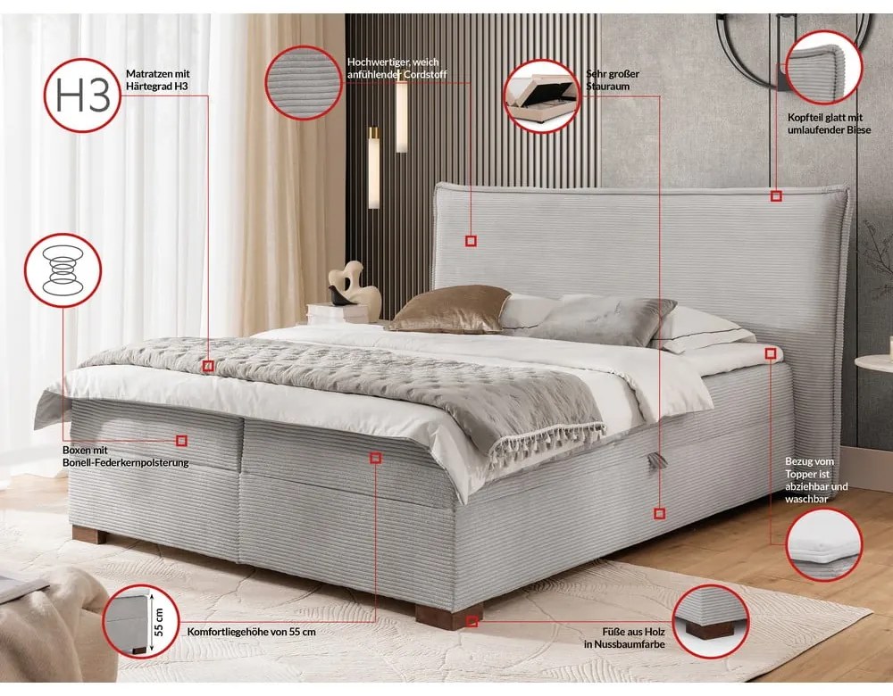 Světle šedá boxspring postel s úložným prostorem 140x200 cm Lysa – Ropez