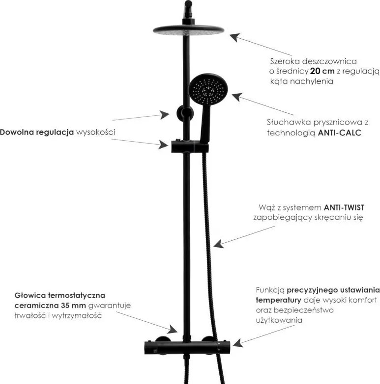 Erga Enza, sprchová souprava s termostatickou baterií a dešťovou hlavicí 20cm, černá matná, ERG-YKA-BP.ENZA20-BLK