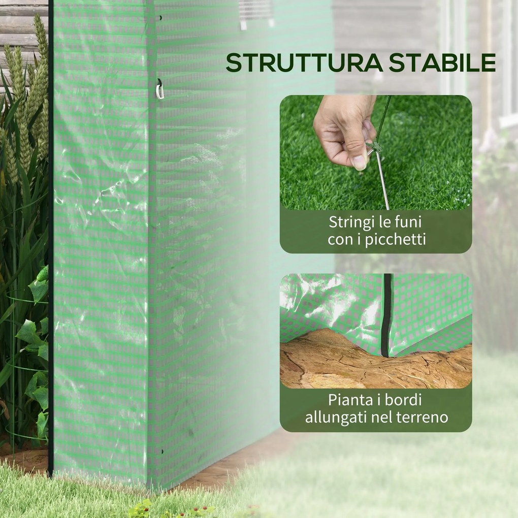 Zelený tunelový skleník Outsunny pro zahradu 1,8x1,8x2 m, UV odolný skleník se 2 rolovacími dveřmi a okny, ocel a PE