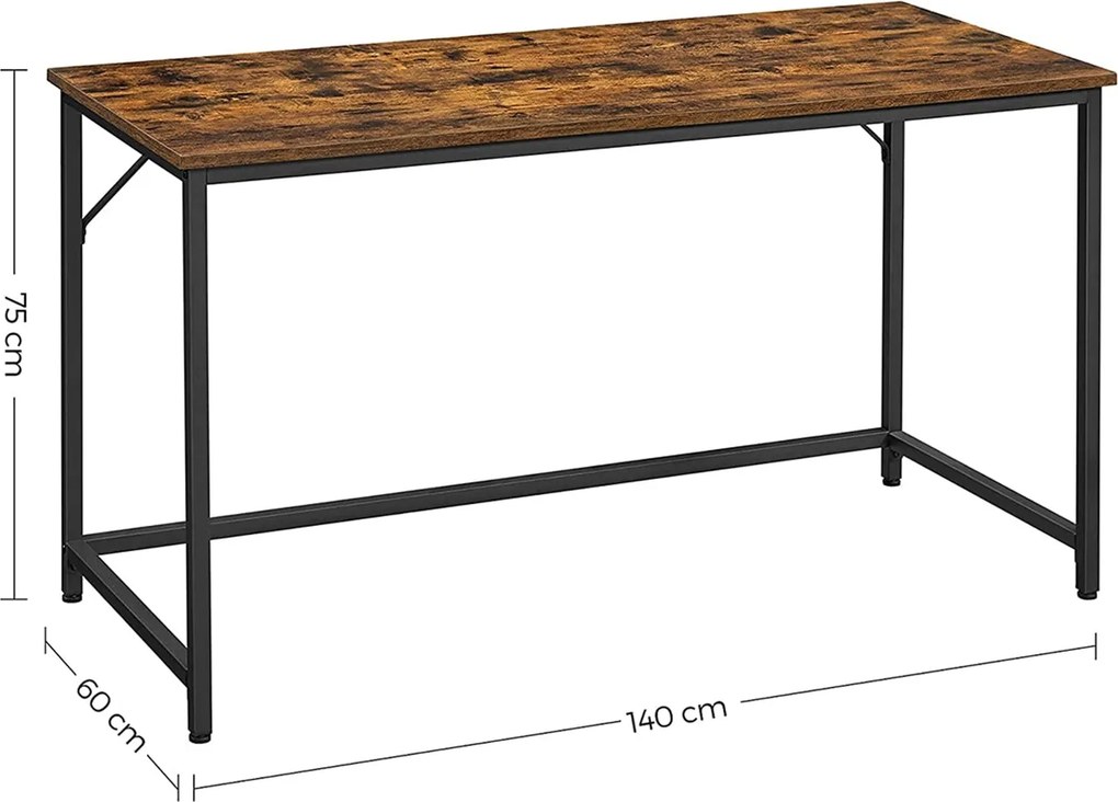 Psací stůl s kovovým rámem, malý kancelářský stůl, 140 cm, rustikální hnědý
