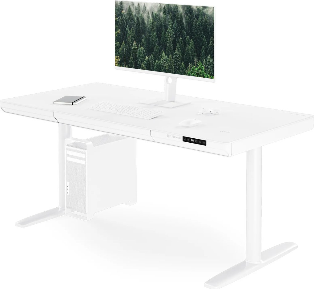 Elektrický psací stůl sit-stand se zásuvkou a bezdrátovou nabíječkou Qi bílý, 1400 mm: ELLIS