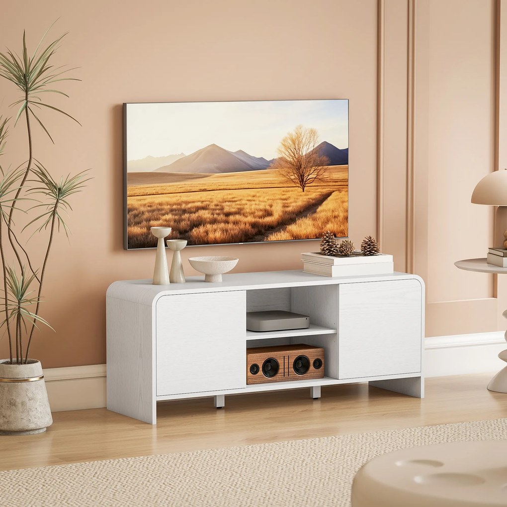 HOMCOM TV nábytek, televize do 140 cm, 2 dveře, 2 přihrádky, nastavitelná police, 110x35x45 cm, bílá