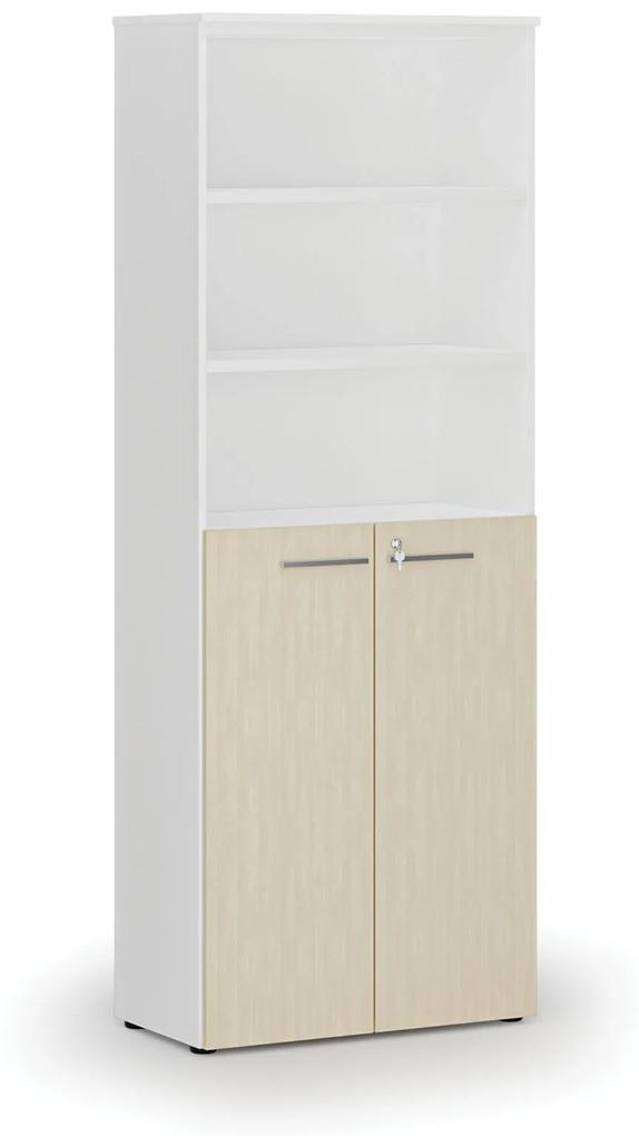 Kombinovaná kancelářská skříň PRIMO WHITE, dveře na 3 patra, 2128 x 800 x 420 mm, bílá/dub přírodní