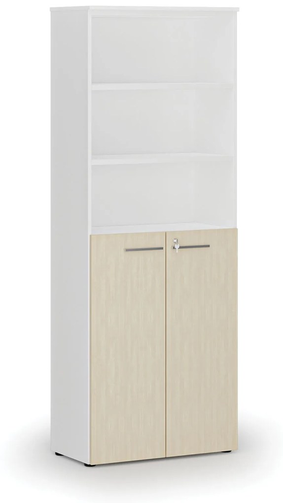 Kombinovaná kancelářská skříň PRIMO WHITE, dveře na 3 patra, 2128 x 800 x 420 mm, bílá/wenge