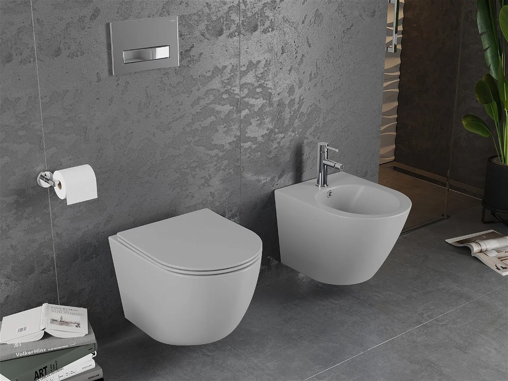 Mexen Lena WC mísa Rimless s WC deskou slim, duroplast, světle šedá matná, 30224061