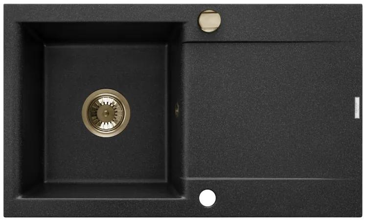 Invena Tesalia, 1-komorový granitový dřez s odkapávačem 760x440x160 mm + zlatý automatický sifon, INV-AZ-01-Z43-B