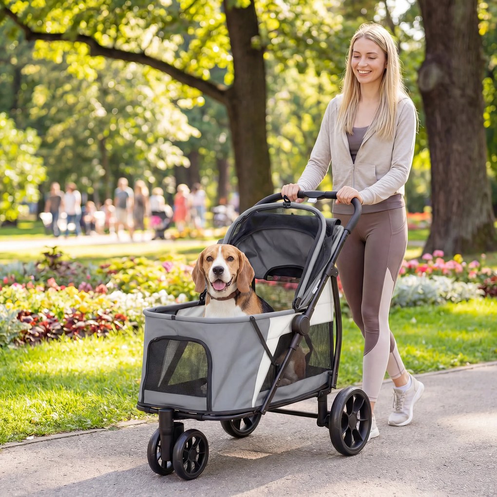 PawHut Skládací kočárek pro psy s omyvatelným polštářem, síťovaná okna, 3 kolečka, pro středně velké psy do 20 kg, šedý