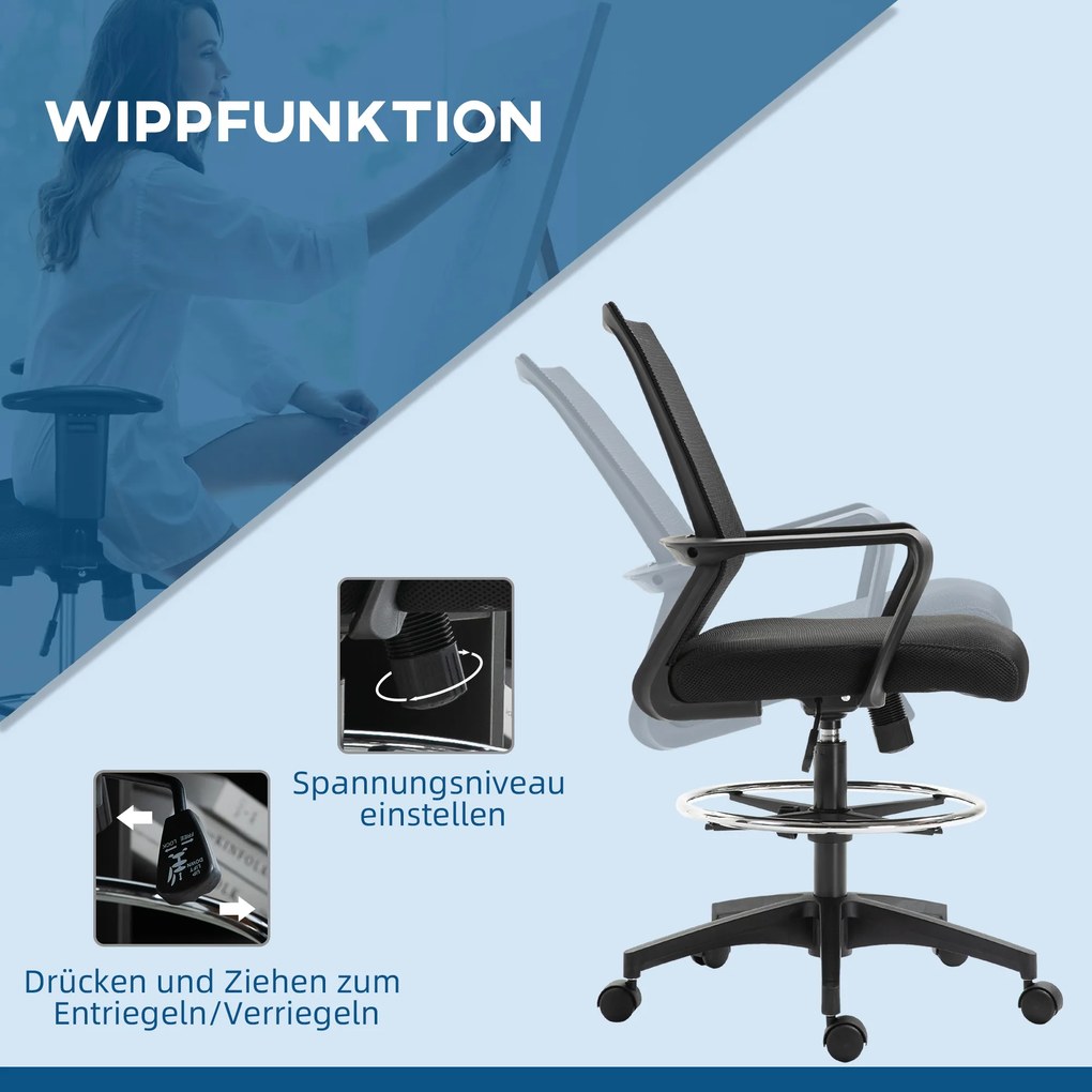 Vinsetto Ergonomická kancelářská židle s nastavitelným opěrným kruhem, bederní oporou, výškově nastavitelná otočná židle s síťovinou, návrhářská židl…
