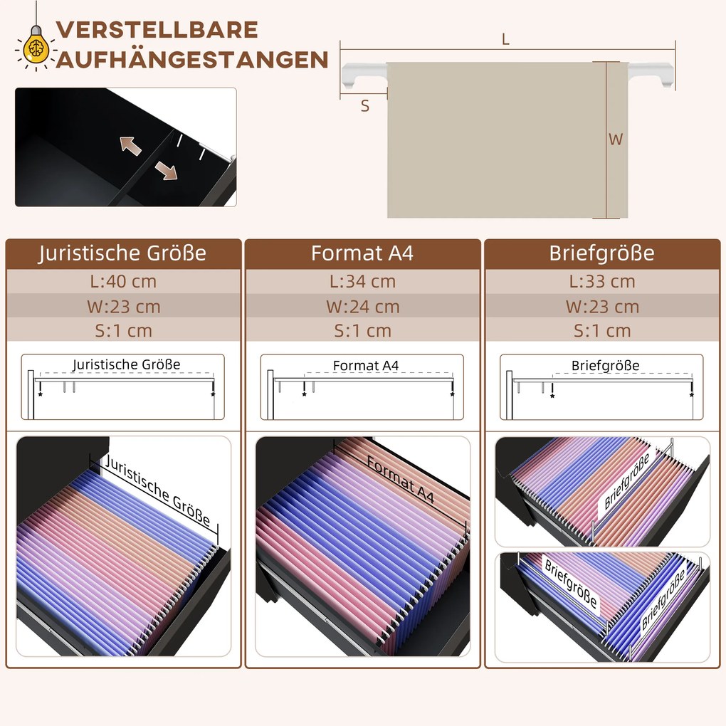 Vinsetto skříň na dokumenty uzamykatelná se zásuvkami 37L x 43,5W x 60H cm pojízdná s brzdami 3stupňová nastavitelná ocelová tyč černá
