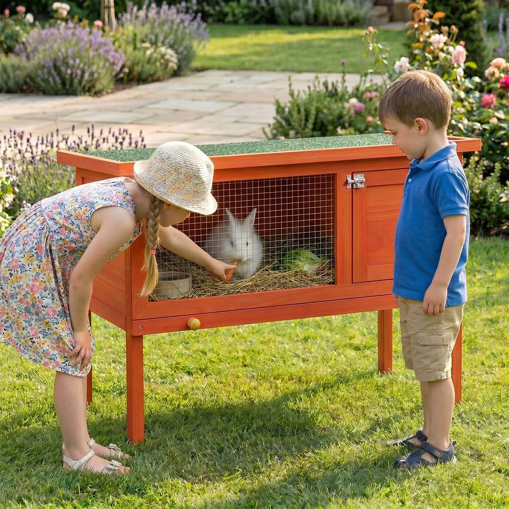 PawHut Zající kurník zvýšený králíkárna ze dřeva s otevíratelnou bitumenovou střechou vysouvací zásuvka 90x45x65 cm Oranžová