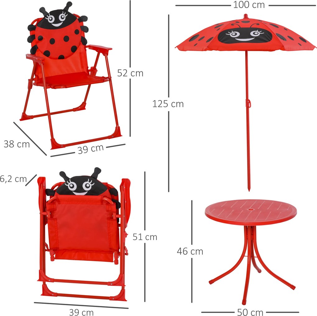 Outsunny Dětská zahradní sada stolu a židlí s piknikovou skládací sadou pro děti se slunečníkem s nastavitelnou výškou 100-125 cm, design berušky