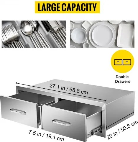 75*25 cm Bbq zásuvka Dvojité horizontální zásuvky odolné s úložnou skříňkou