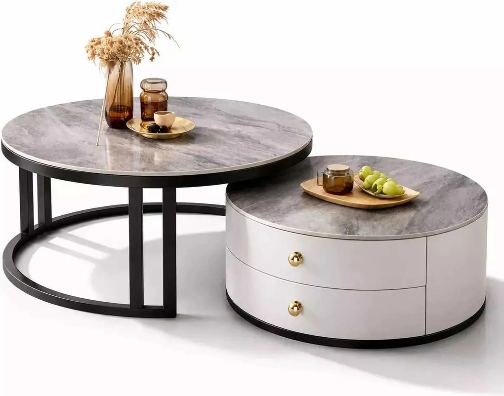 LuxuryForm DESIGN Konferenční stolek ORION 70 × 70 / 50 × 50 cm – bílý / šedý mramor (set 2 ks)