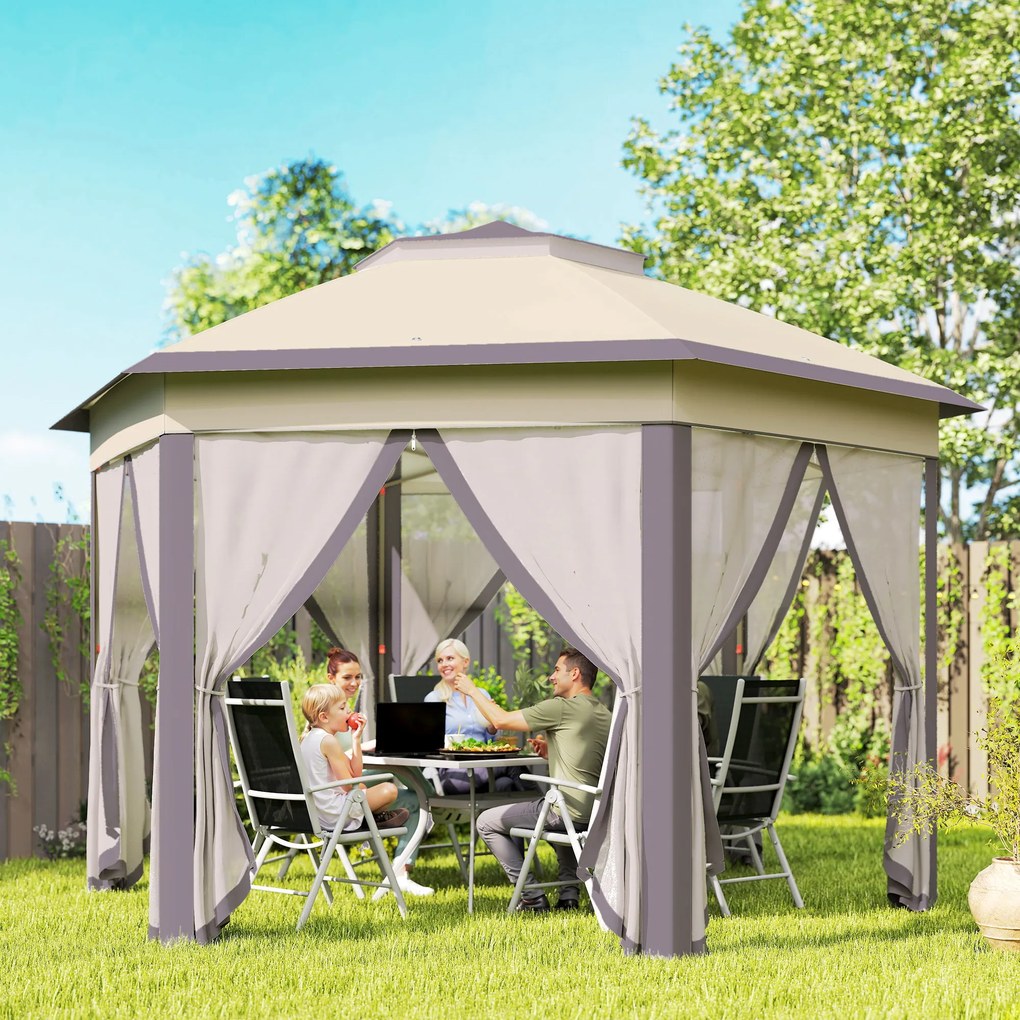 Outsunny zahradní altán skládací altán 4x4m pop-up stan party stan s taškou na přenášení a 6 bočními panely, dvojitá šestihranná střecha v kávové a b…