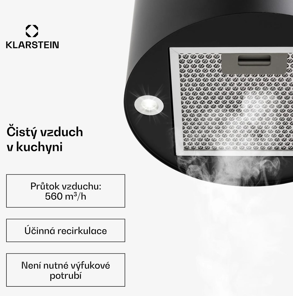 Klarstein Barett, digestoř, 35 cm, ostrůvková, 560 m³/h, LED, filtr s aktivním uhlím, černá
