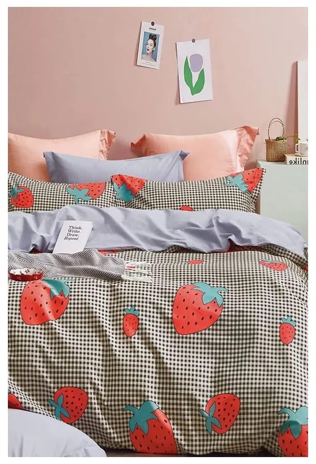 Prodloužené povlečení na jednolůžko z bavlny Renforcé s prostěradlem/3dílné 160x220 cm Strawberry – Mila Home