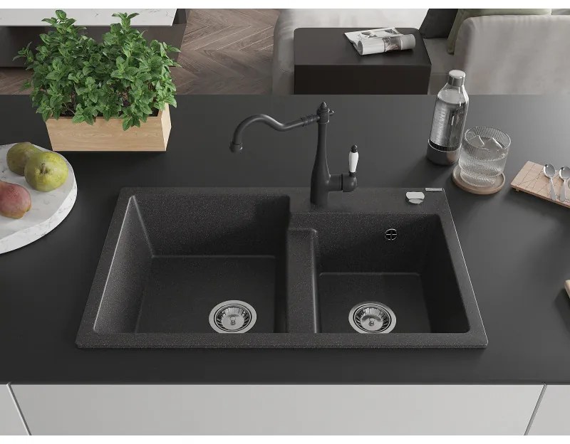 Mexen Tomas, granitový dřez 800x500x190 mm, 2-komorový a dřezová baterie Carla, černá skvrnitá, 6516-76-670700-70