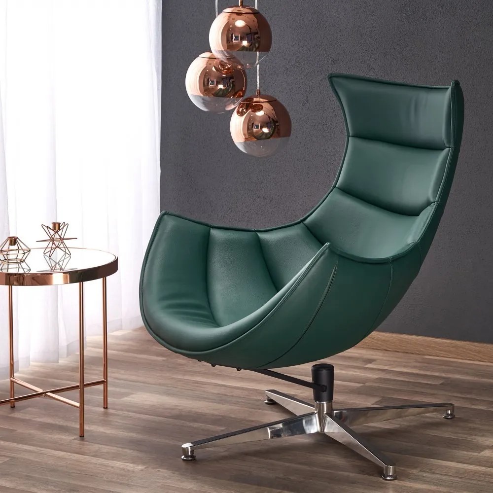Otočné designové křeslo LUXOR — kov, kůže, zelená