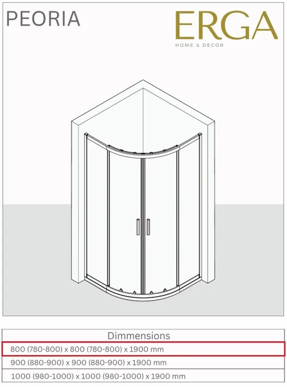 Erga Peoria, čtvrtkruhový sprchový kout s posuvnými dveřmi 80(dveře) x 80(stěna) x 190 cm, 6mm čiré sklo, chromový profil, ERG-Q02-PEORIA-D080D080-CL-CR