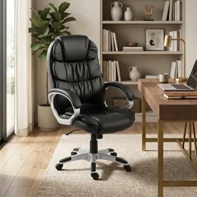 HOMCOM Ergonomická otočná kancelářská židle z PU kůže, houpací funkce, výškově nastavitelná, nosnost 120 kg, černá