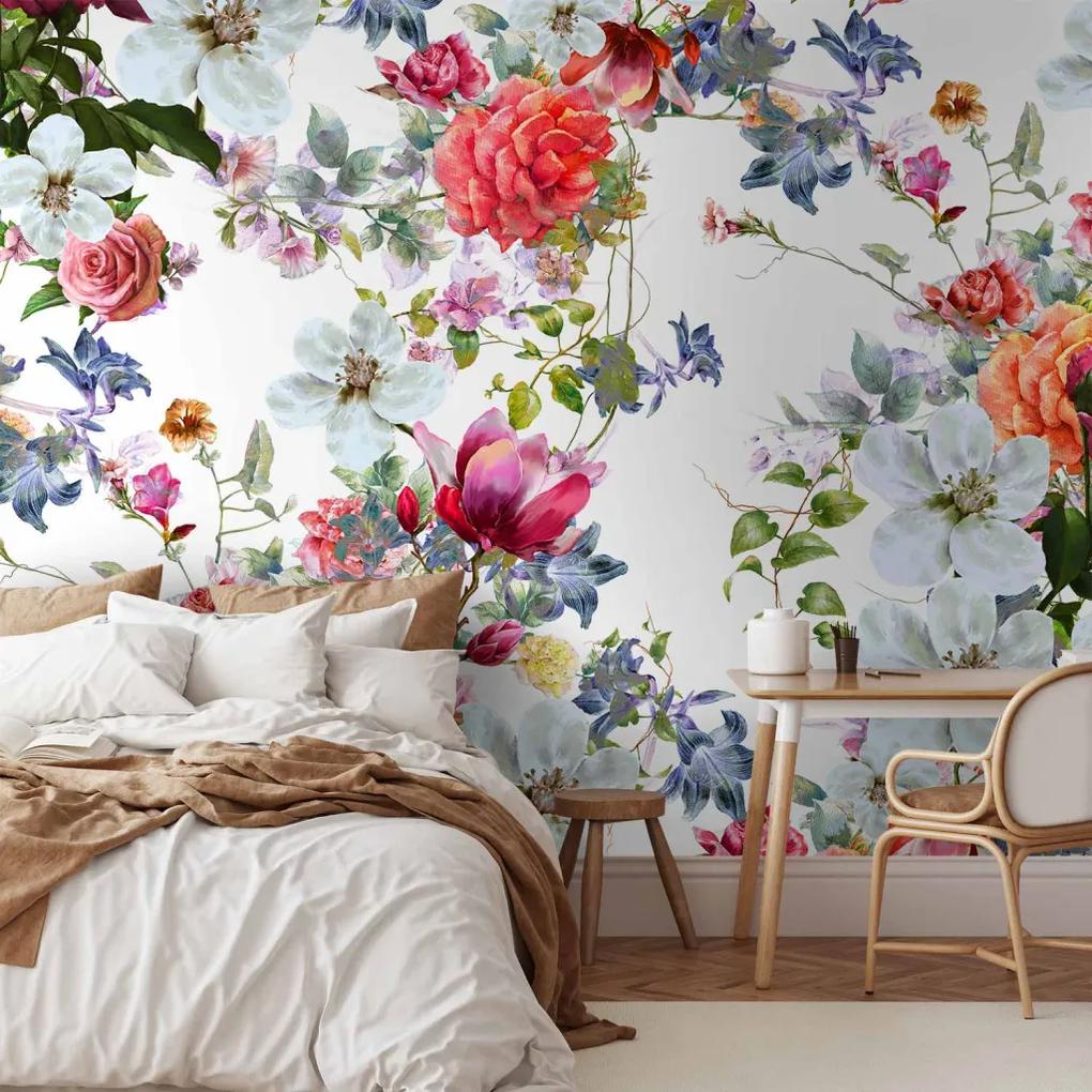 Fototapeta Vícebarevné kytice - barevné květiny na bílém pozadí ve vintage stylu