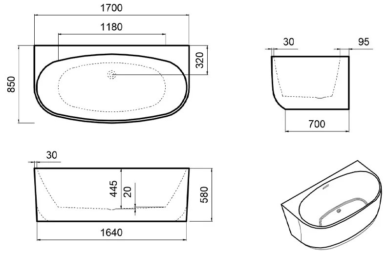 BPS-koupelny Volně stojící akrylátová vana ke stěně  NR526D 170x85 bílá, odtokový komplet chrom