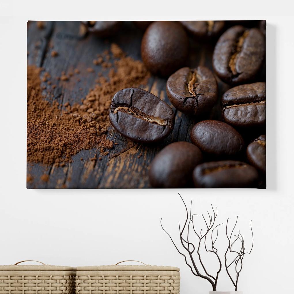 Obraz na plátně - Káva, velká zrnka a prášek FeelHappy.cz Velikost obrazu: 60 x 40 cm
