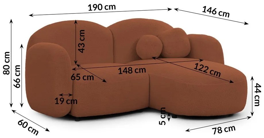 Rohová pohovka z textilie bouclé v terakotové barvě (pravý roh/s lenoškou) Orbit – Ropez