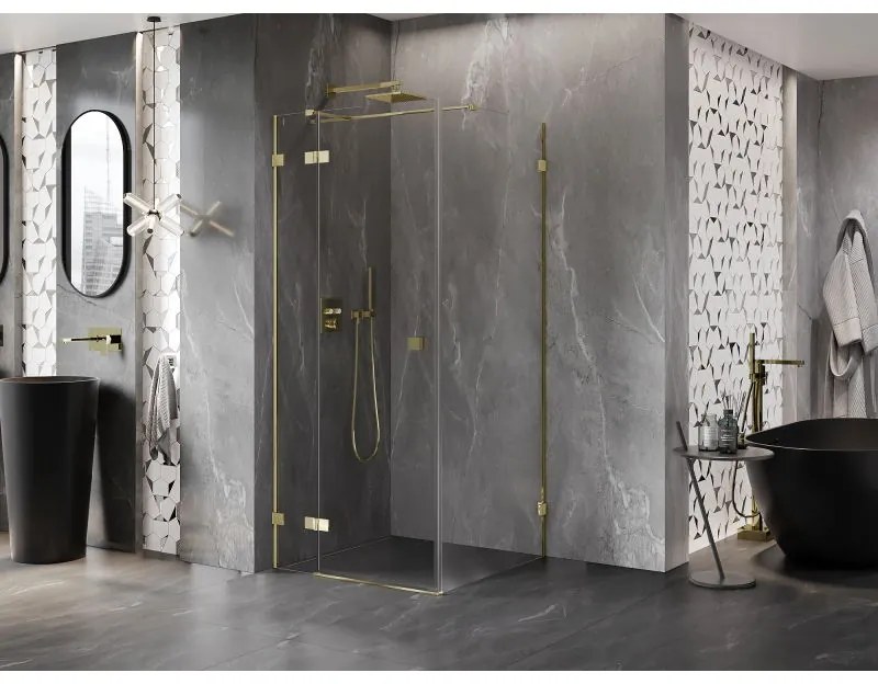 Mexen Lunar T, sklápěcí sprchový kout levý 120 x 120 cm, 8mm čiré sklo, zlatý profil, 834T-120-120-50-00-L