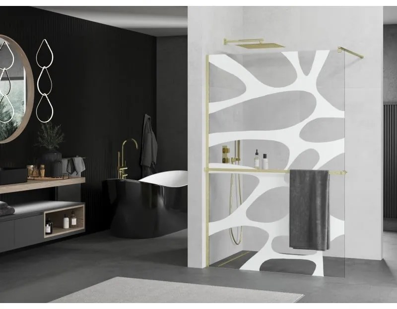Mexen Kioto+, sprchová zástěna Walk-In s poličkou a věšákem 140 x 200 cm, 8mm čiré sklo bílý vzor, zlatý matný profil, 800-140-121-55-97
