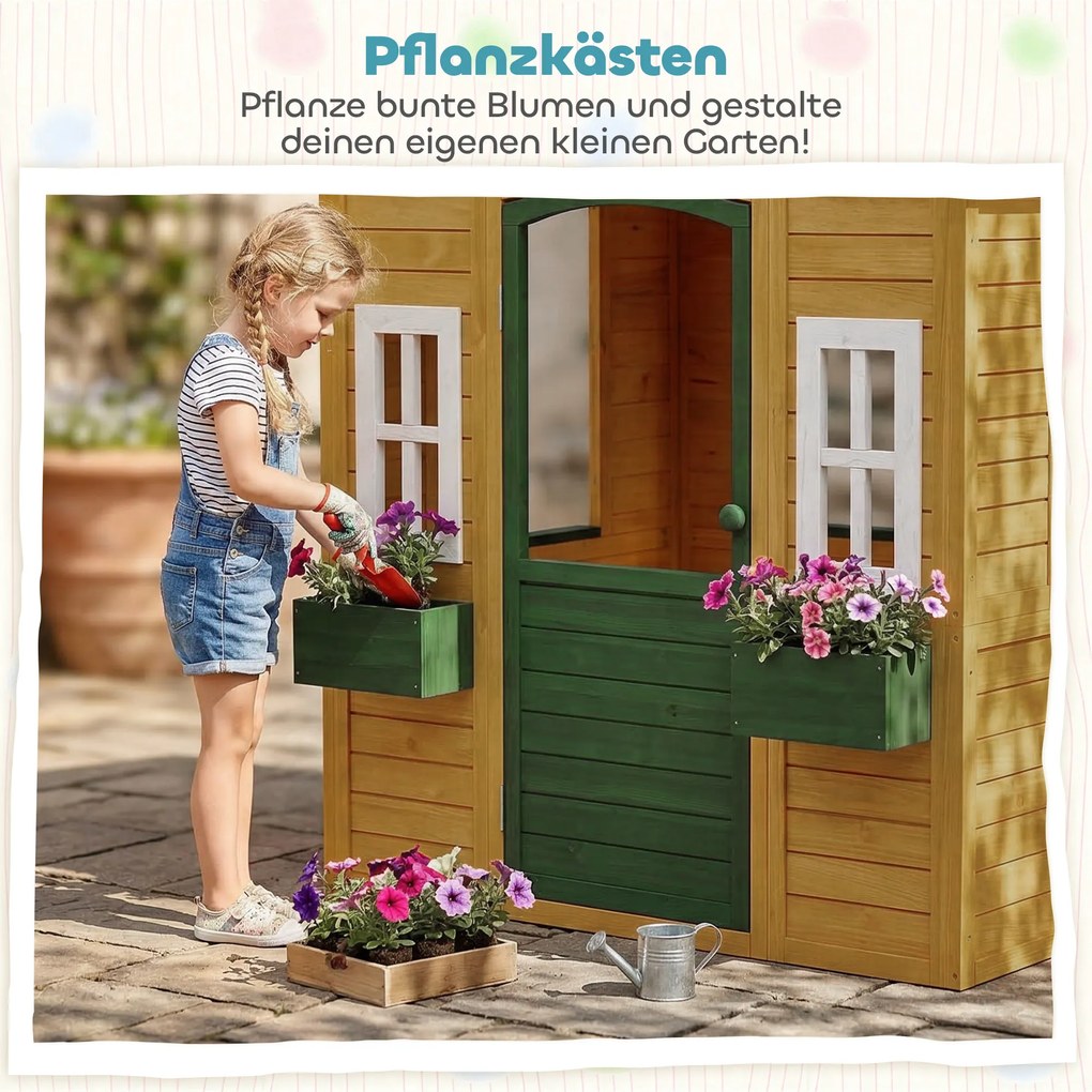 AIYAPLAY Dětský domek na hraní Dřevěný venkovní domek na hraní s dveřmi 3 okny 2 truhlíky na květiny pro děti od 3 do 8 let 134,5 x 97 x 150 cm Hnědá…