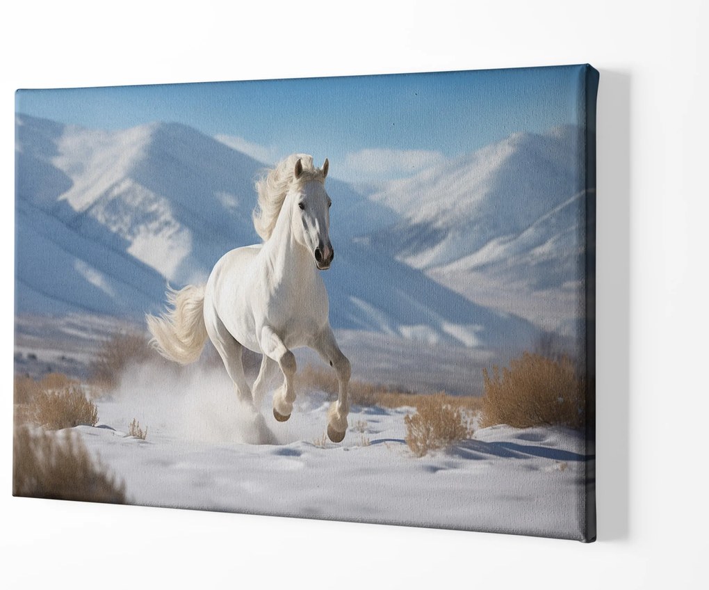 Obraz na plátně - Bílý kůň Eclipse běží zasněženou krajinou FeelHappy.cz Velikost obrazu: 150 x 100 cm