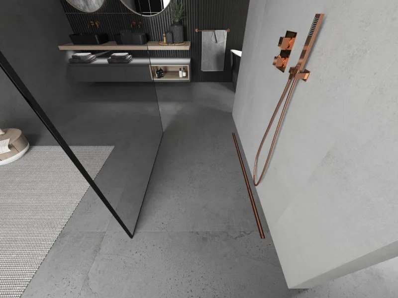 Mexen Kioto, průchozí sprchová zástěna 110 x 200 cm, 8mm sklo čiré/černý vzor, 2x růžové zlato stabilizační rozpěra, 800-110-002-60-70