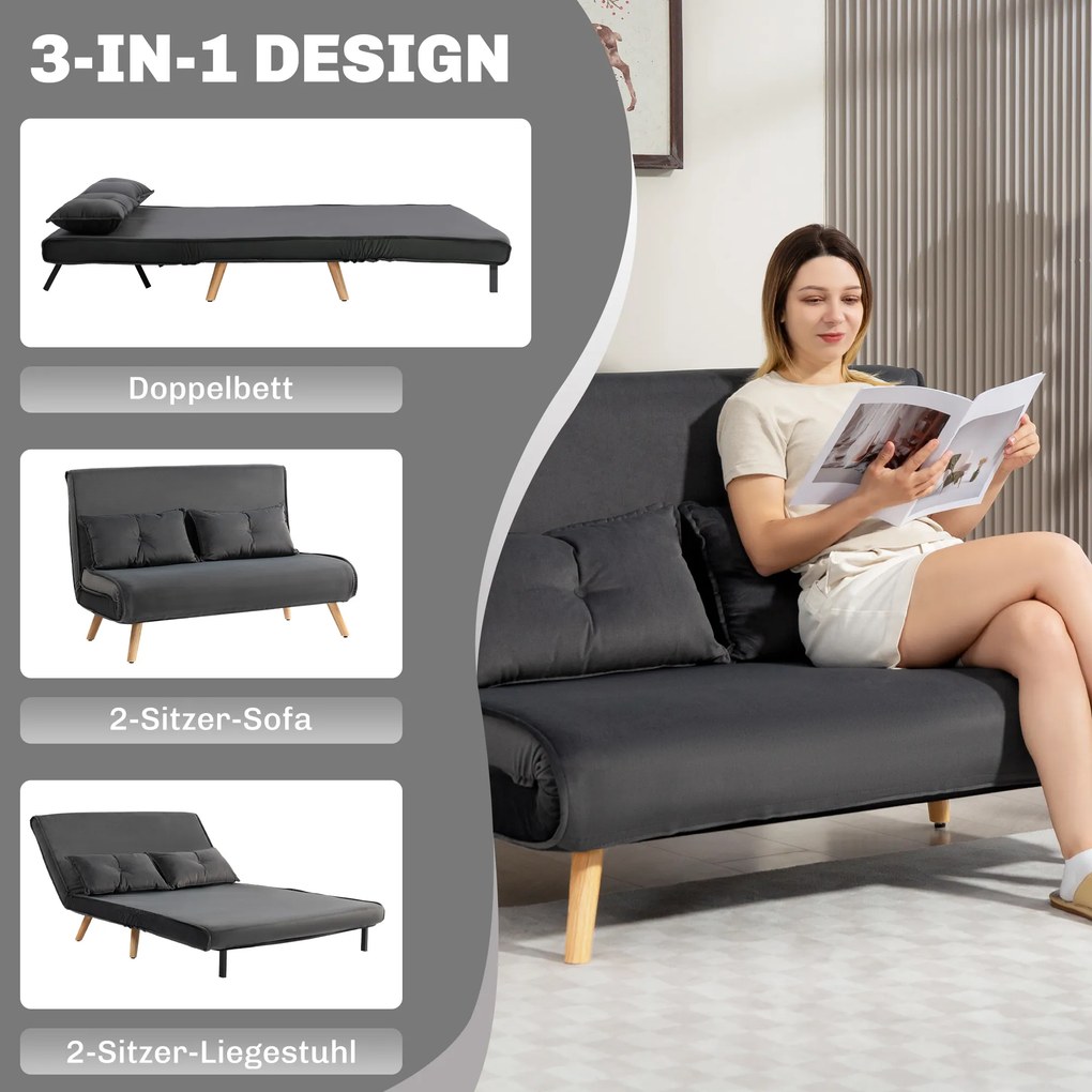 HOMCOM 2místná rozkládací pohovka, postelové sofa, pohovka konvertovatelná na postel, nastavitelná opěrka zad, látkový potah, kovový rám, šedá