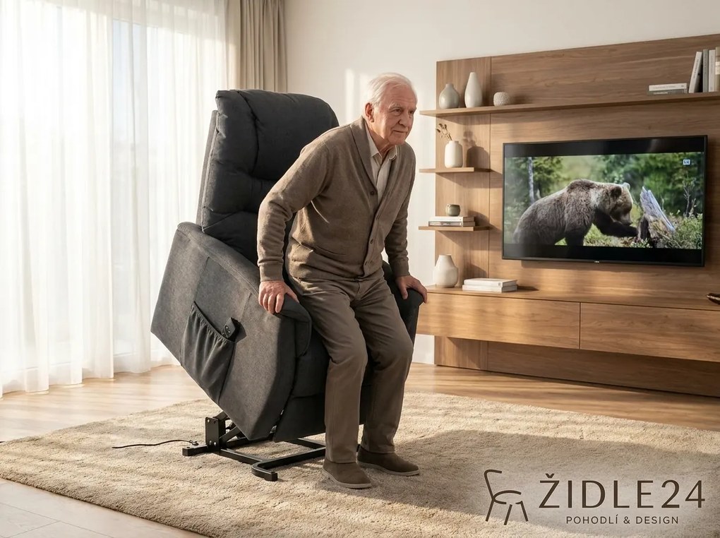 Elektrické polohovací TV křeslo SAGA - šedá látka