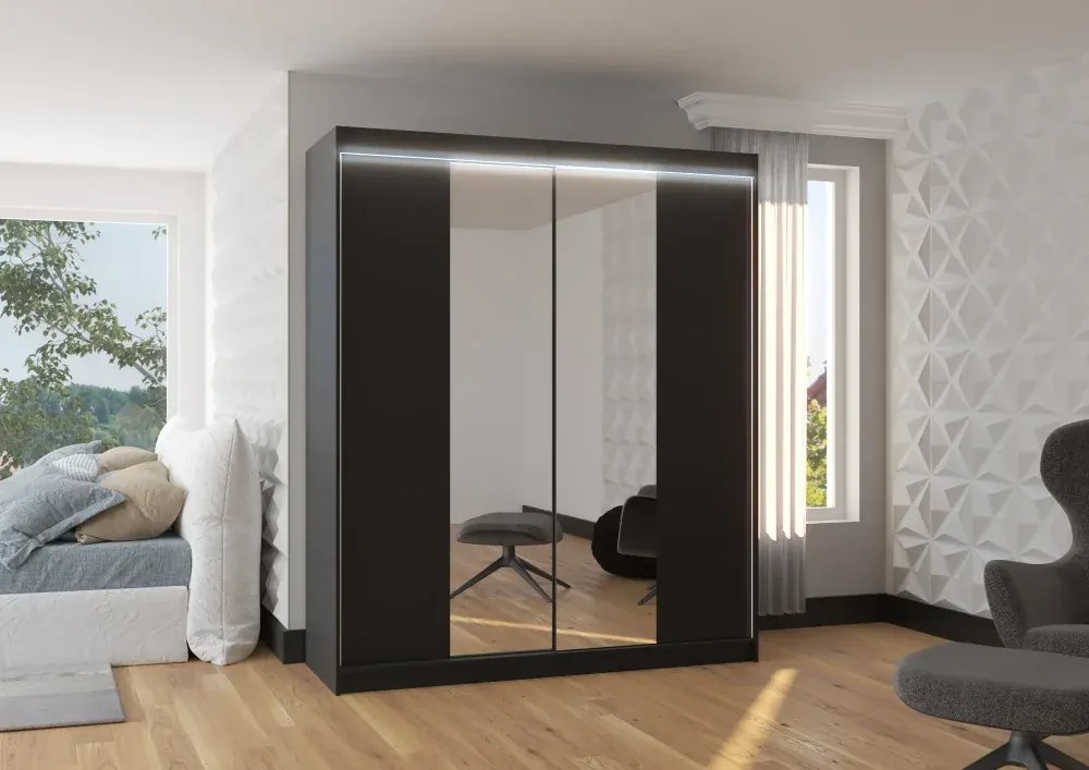Posuvná skříň se zrcadlem a LED osvětlením BALANCE 180 černá