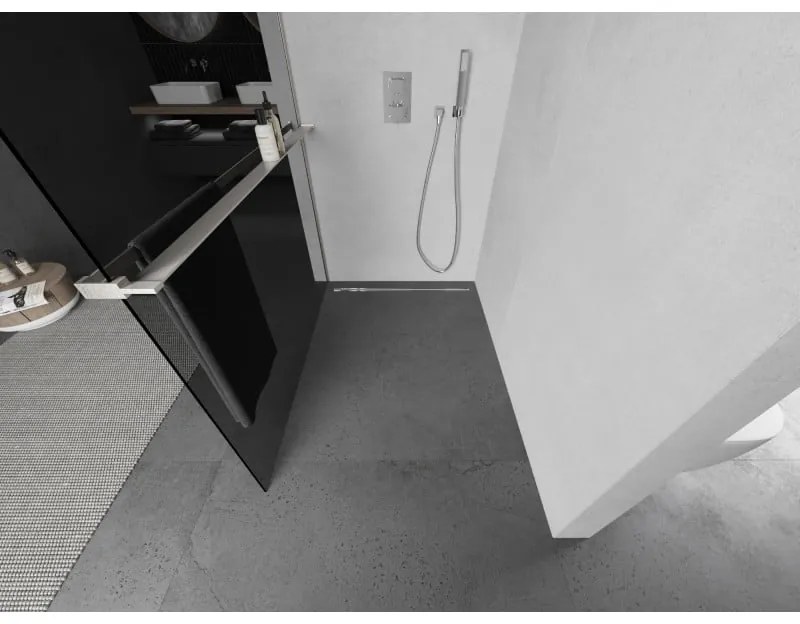 Mexen Kioto+ L, sprchová zástěna Walk-In s poličkou a věšákem 100 x 200 cm, 8mm šedé sklo, broušená ocel profil, 800-100-123-97-40