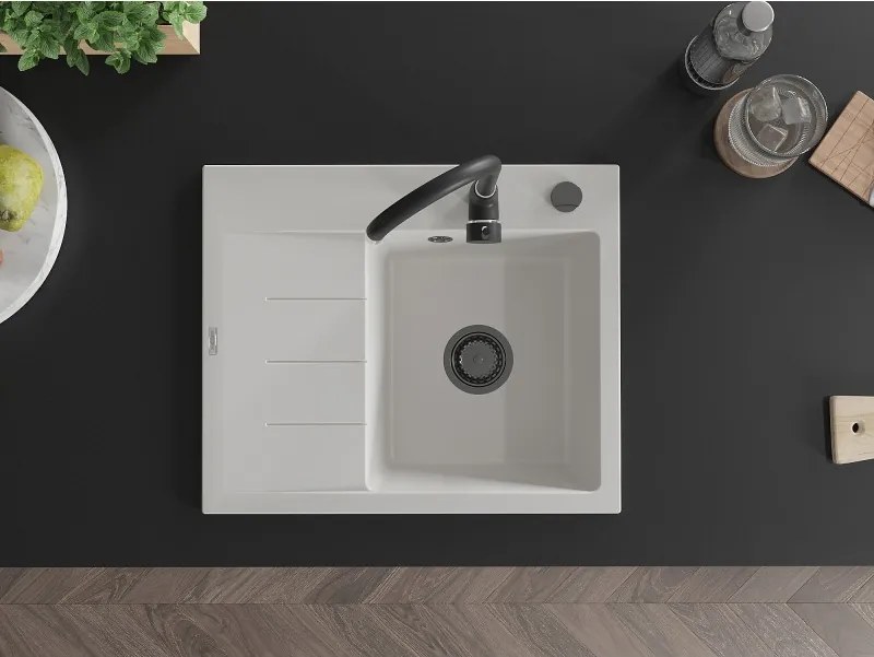 Mexen Ben, 1-komorový granitový dřez 600x500x190 mm, pravý + černý sifon, bílá, 6523605000-20-B