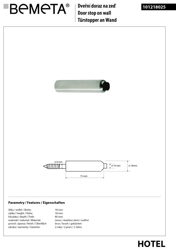 Bemeta Design Dveřní doraz na stěnu, nerez, mat - 101218025