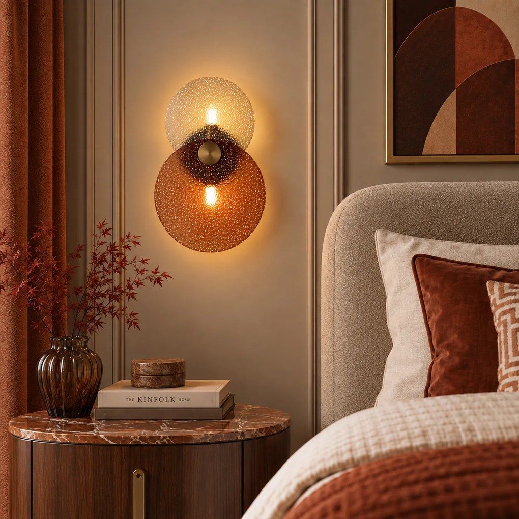Nástěnná lampa Art Deco tmavý bronz s jantarovým sklem, 2 světla - Text