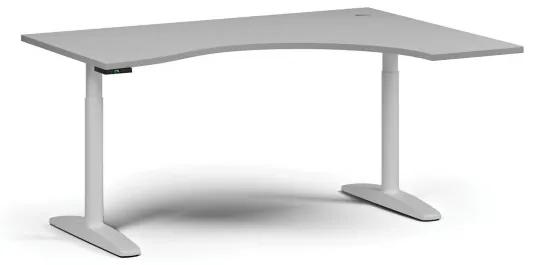 Výškově nastavitelný stůl OBOL, elektrický, 675-1325 mm, ergonomický pravý, deska 1600x1200 mm, bílá zaoblená podnož, šedá