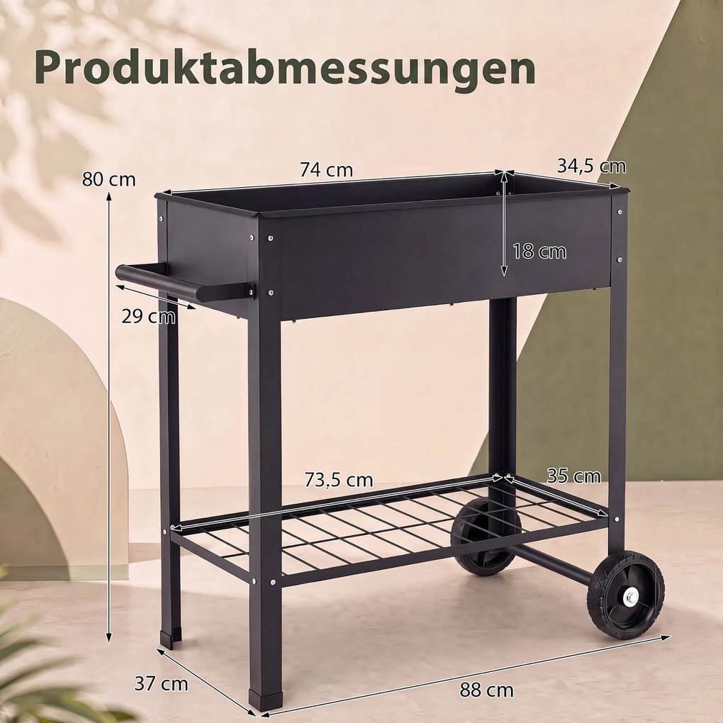 Costway Vyvýšený záhon kovový s 2 kolečky Zeleninový záhon s – 88 × 37 × 80 cm