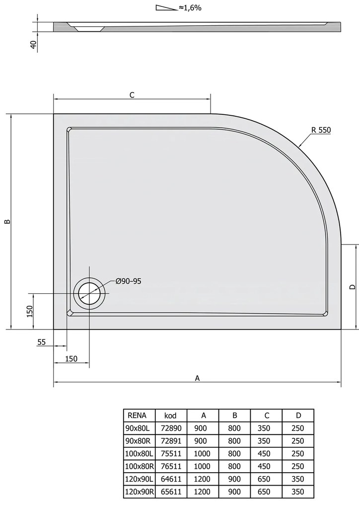 Polysan RENA R sprchová vanička z litého mramoru, čtvrtkruh 120x90cm, R550, pravá, bílá, 65611