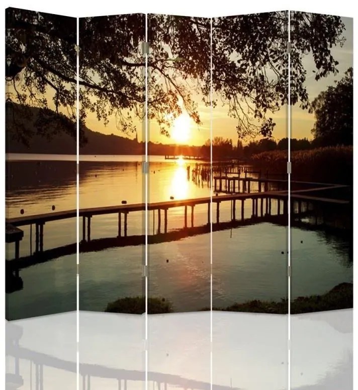 Ozdobný paraván Platforma Sunset Lake - 180x170 cm, pětidílný, klasický paraván