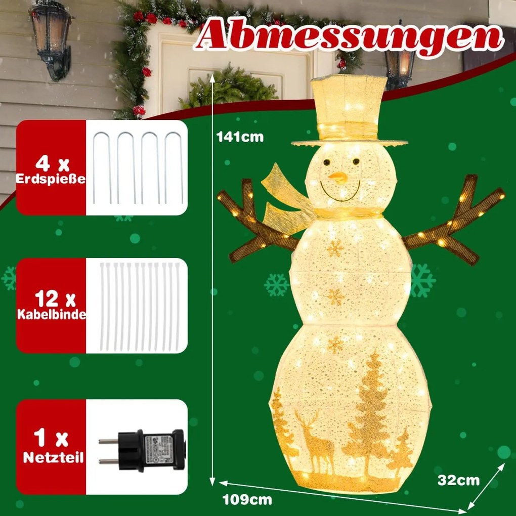 Costway 141 cm vysoký LED sněhulák vánoční dekorace s 100 teplými bílými LED