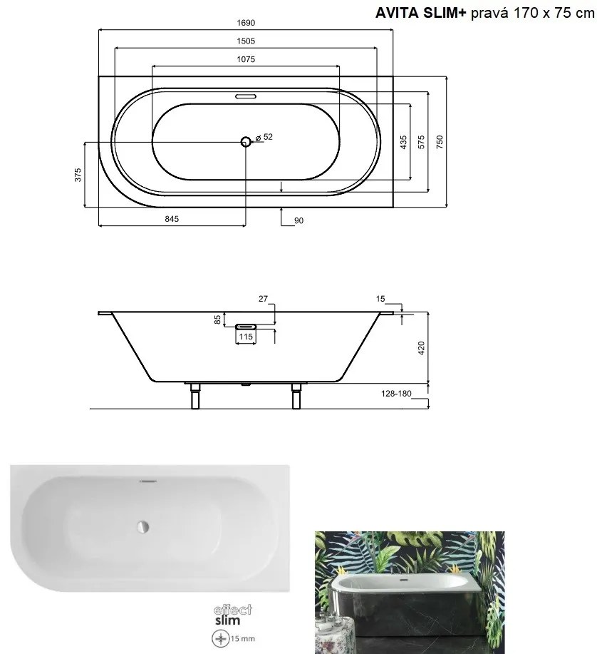 BESCO Asymetrická vana AVITA SLIM+ Nožičky k vaně - S nožičkami, Rozměr vany - 170 × 75 cm, Způsob provedení - Pravé VANAVIT17SLIMPP+OLVPINOZ