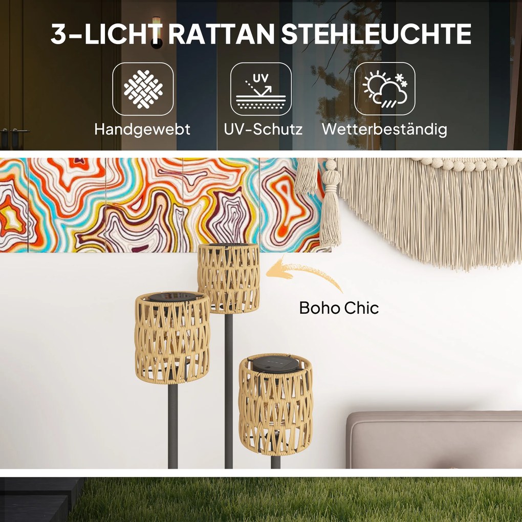 Outsunny Solární stojací lampa z ratanu, solární lampy s čidlem světla, 3 světla, solární svítilna v boho stylu, IP44, Ø37 x 144H cm
