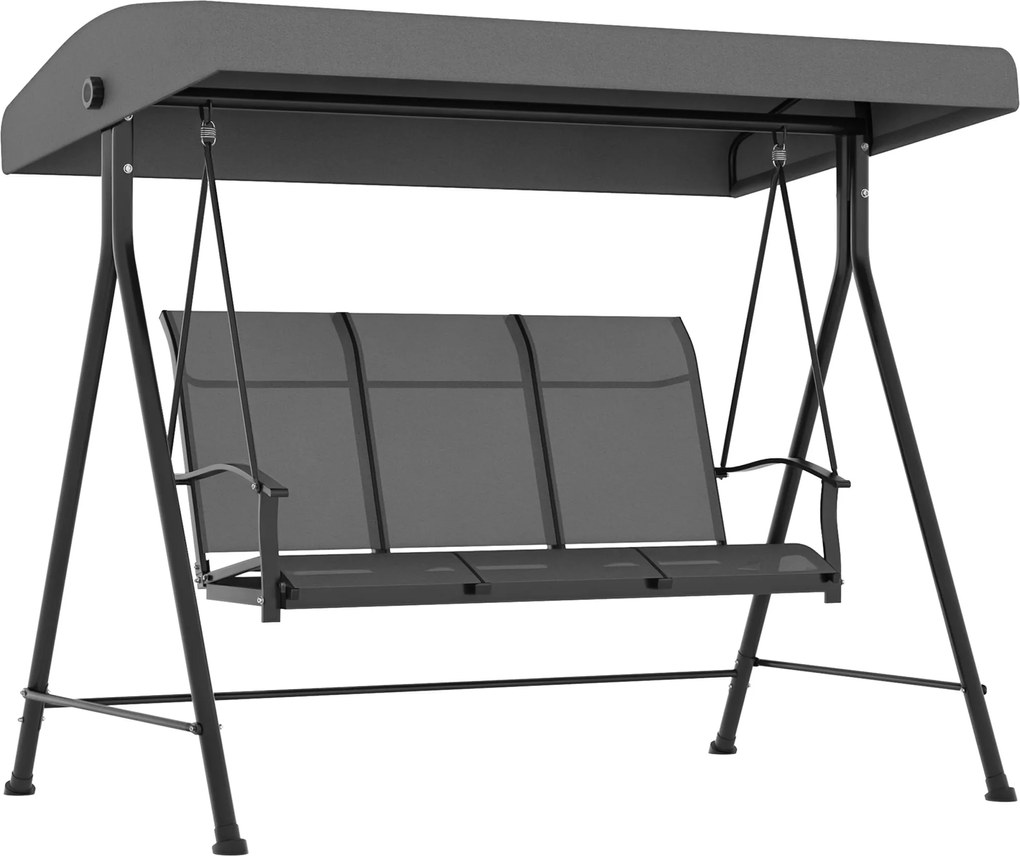 Outsunny Hollywoodský houpací gauč pro 3 osoby, zahradní houpací lavice s nastavitelnou stříškou, nosnost až 240 kg, kov, textil, tmavě šedá, 195 x 11