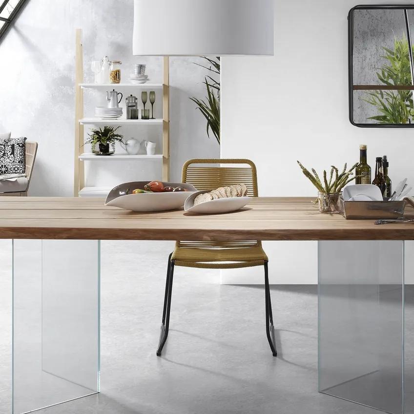 Dubový jídelní stůl Kave Home Lotty 220 x 100 cm se skleněnou podnoží